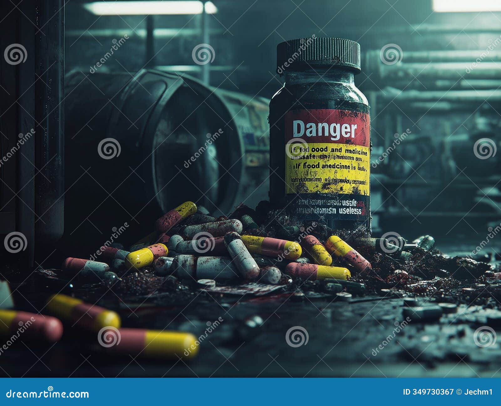 Danger Pills Spilling from a Jar in Post Apocalyptic Setting Stock ...