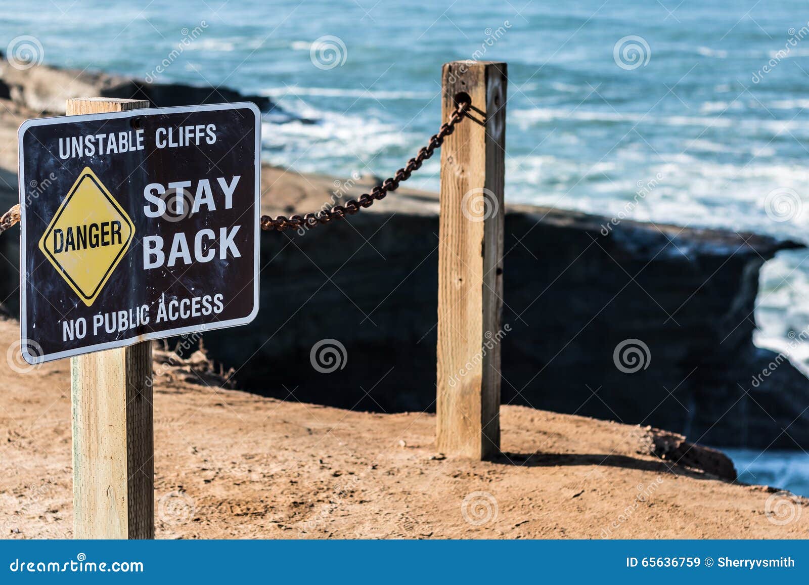 Danger Sign with Railing at Sunset Cliffs Stock Image - Image of sunset ...