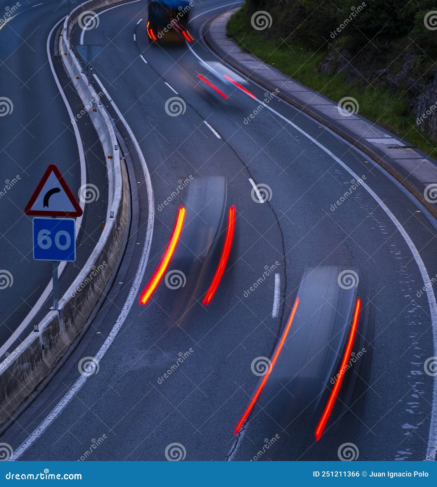 Danger Sign on the Road, Car Lights at Night Stock Photo - Image of ...