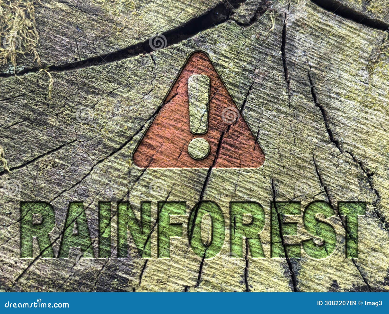 Danger Sign and Word Rainforest Engraved on the Surface of a Cut Log ...