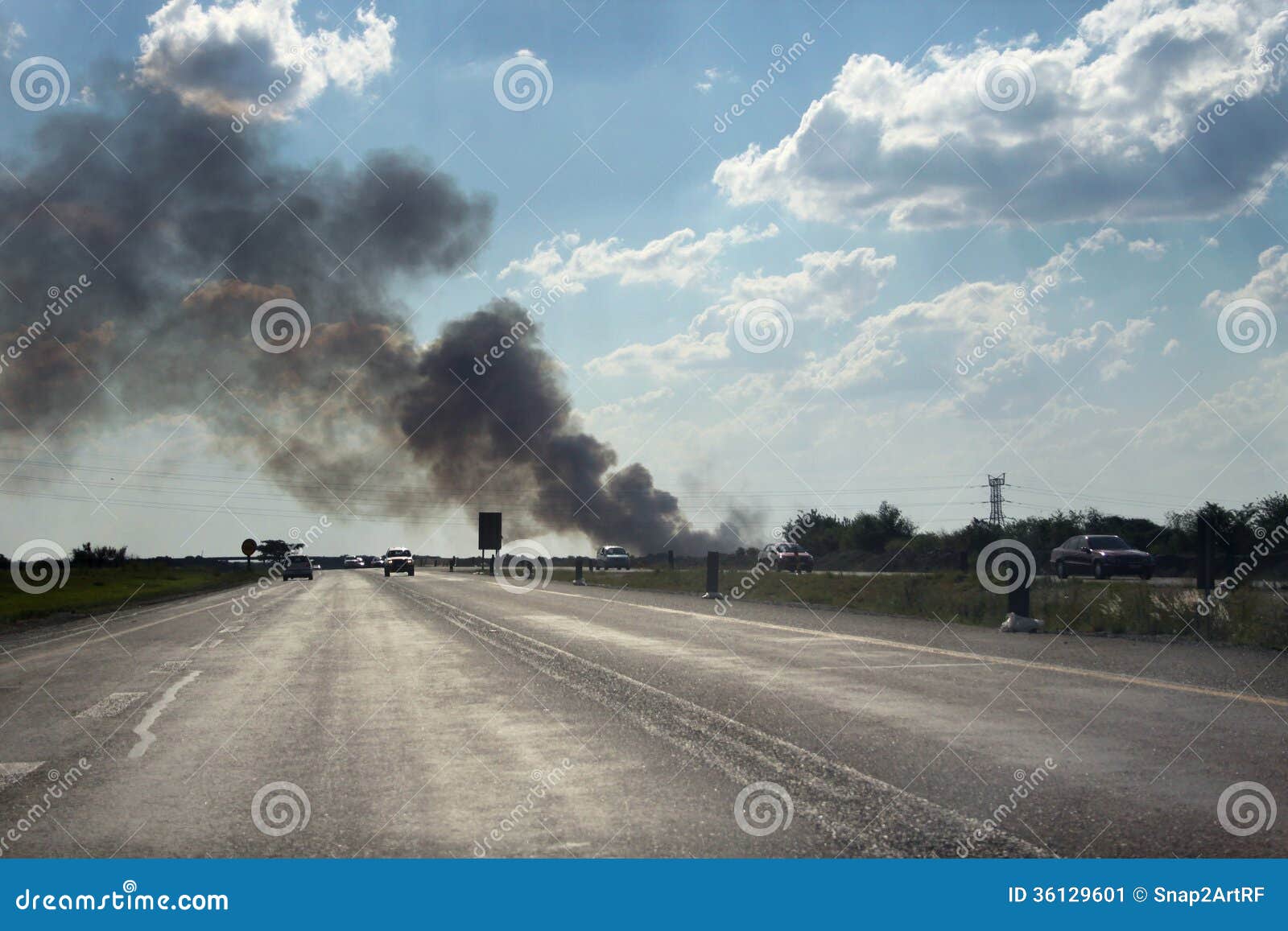 Danger Smoke Over Freeway with Sun from Front Stock Image - Image of ...