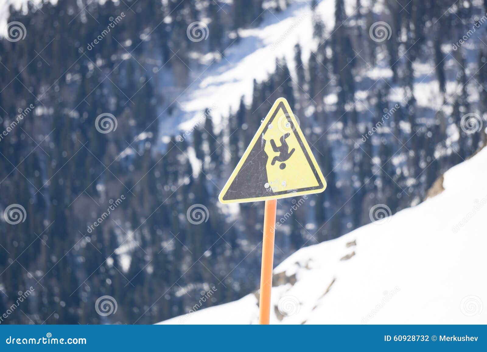 Danger Steep Cliff Mountain Sign Stock Photo - Image of snow, forest ...
