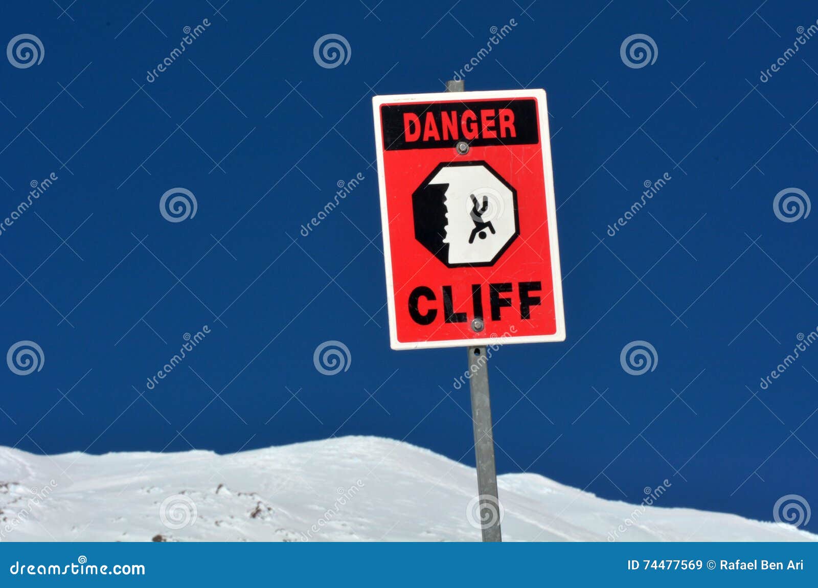 Danger Steep Cliff Sign On Snow Cape Mountain Summit Stock Image ...