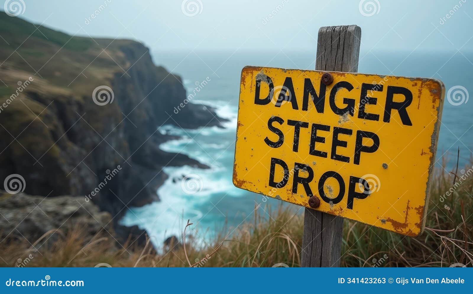 Danger Steep Drop Warning Sign on Cliff Edge Above Ocean Stock ...