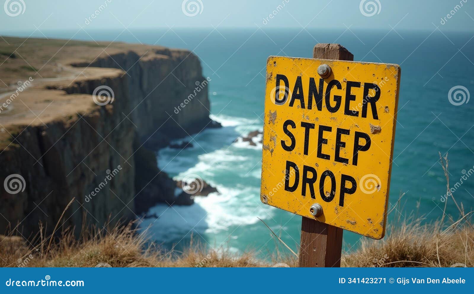 Danger Steep Drop Warning Sign on Cliff Edge Above Ocean Stock ...
