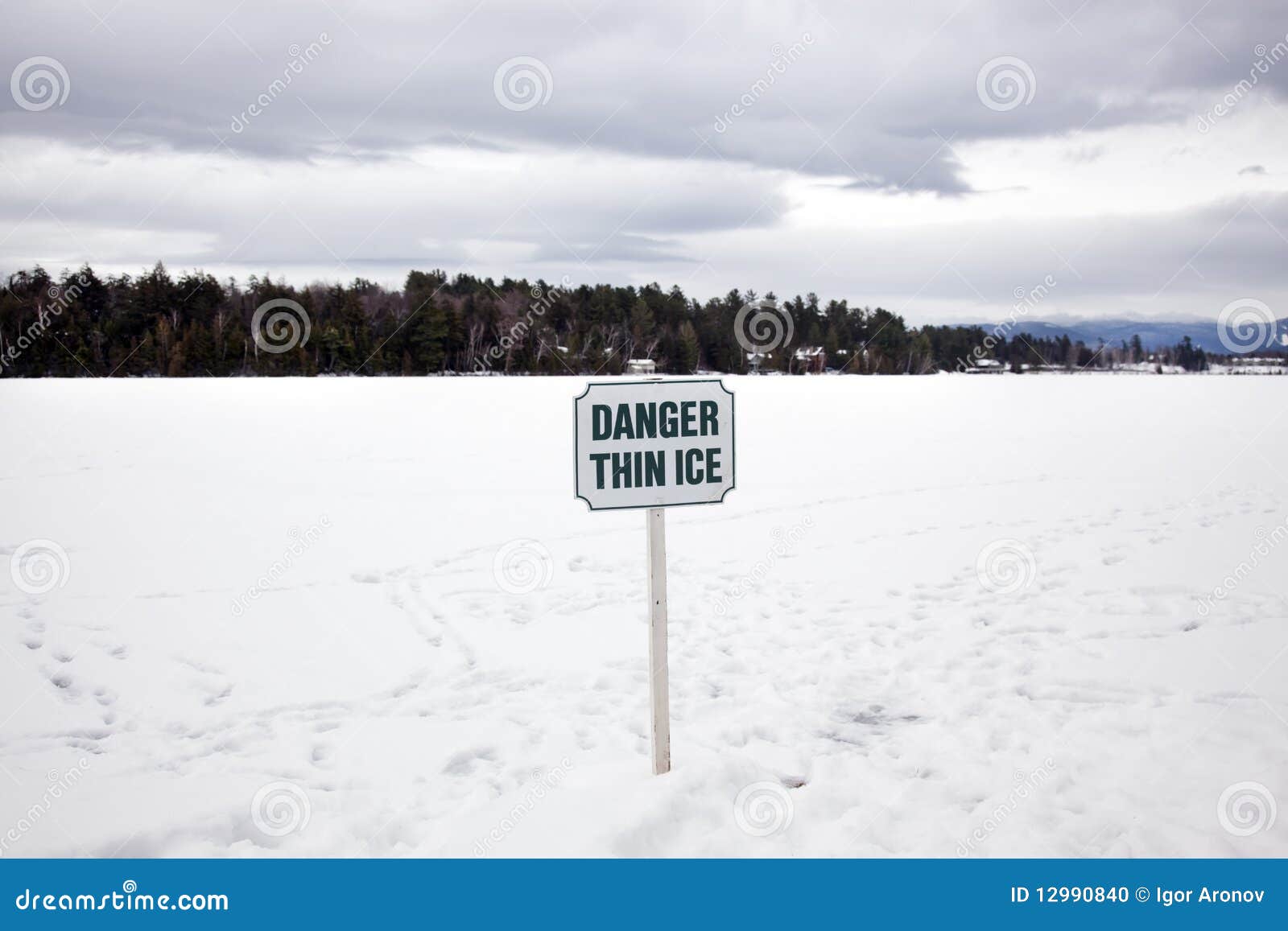 Danger Think ice stock photo. Image of cloudy, lake, sign - 12990840