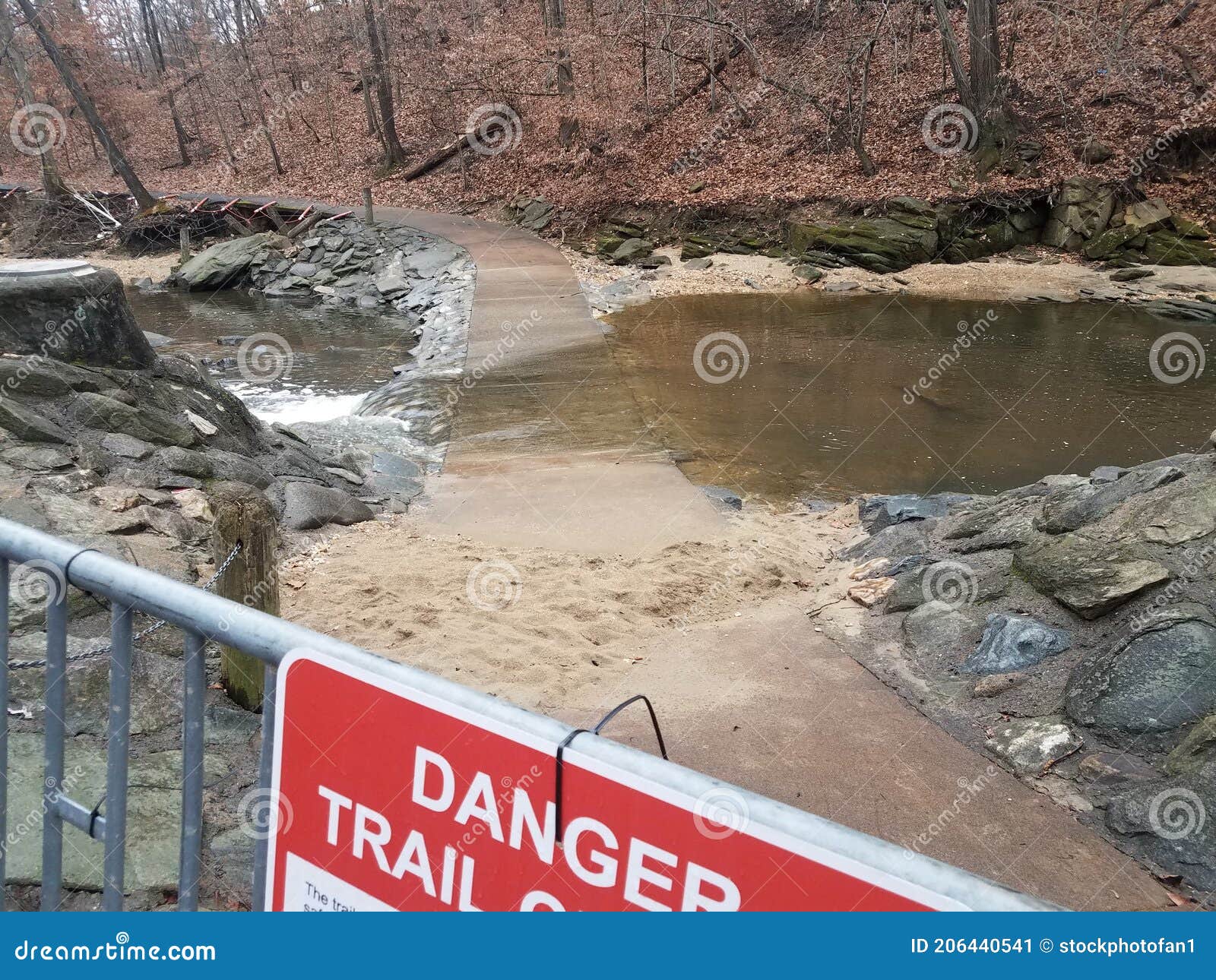 Danger Trail Closed Sign with Path and River Flood Stock Image - Image ...