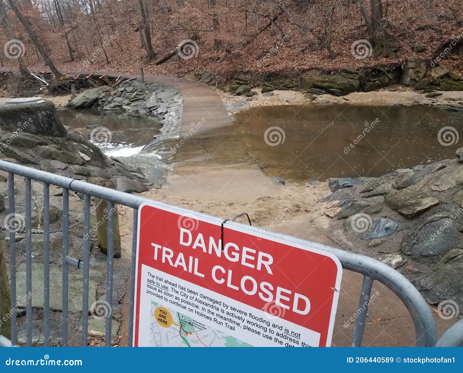 Danger Trail Closed Sign with Path and River Flood Stock Image - Image ...
