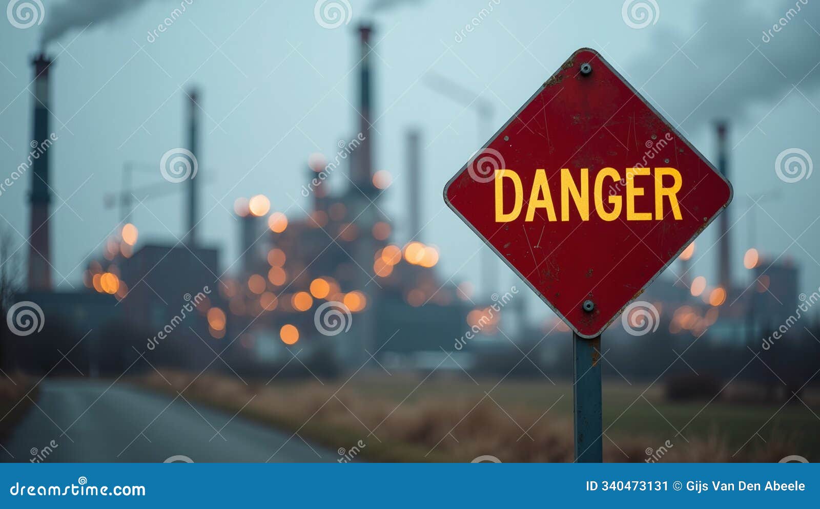 Danger Warning Sign in Front of Industrial Factory Stock Illustration ...