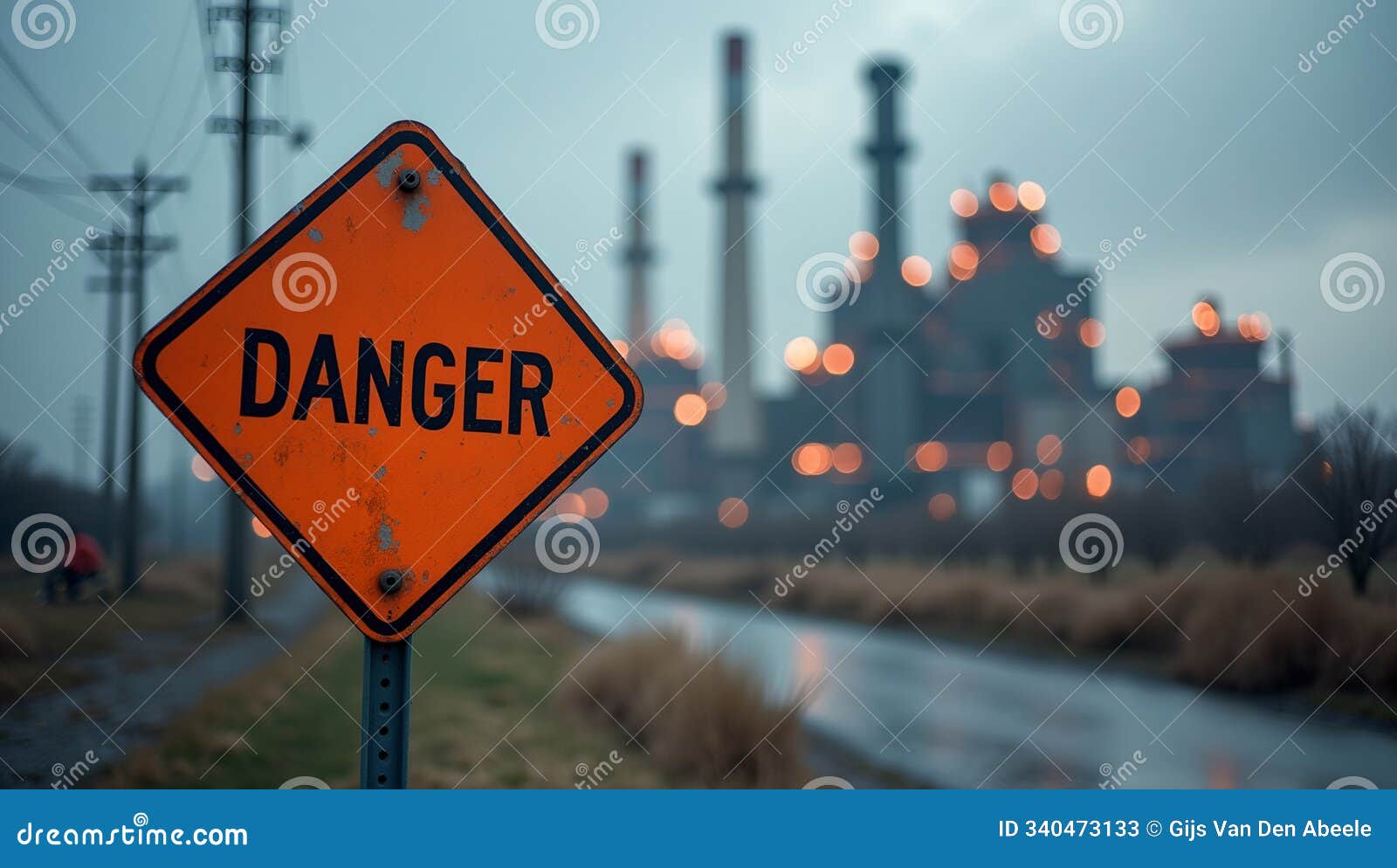 Danger Warning Sign in Front of Industrial Factory Stock Illustration ...