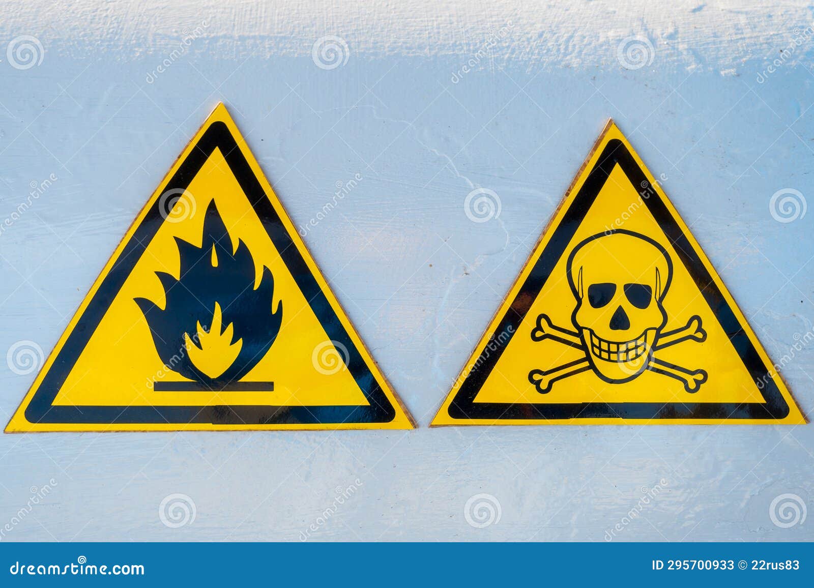 Danger Warning Signs. Two Yellow Triangles. Skull and Bones. Fire ...