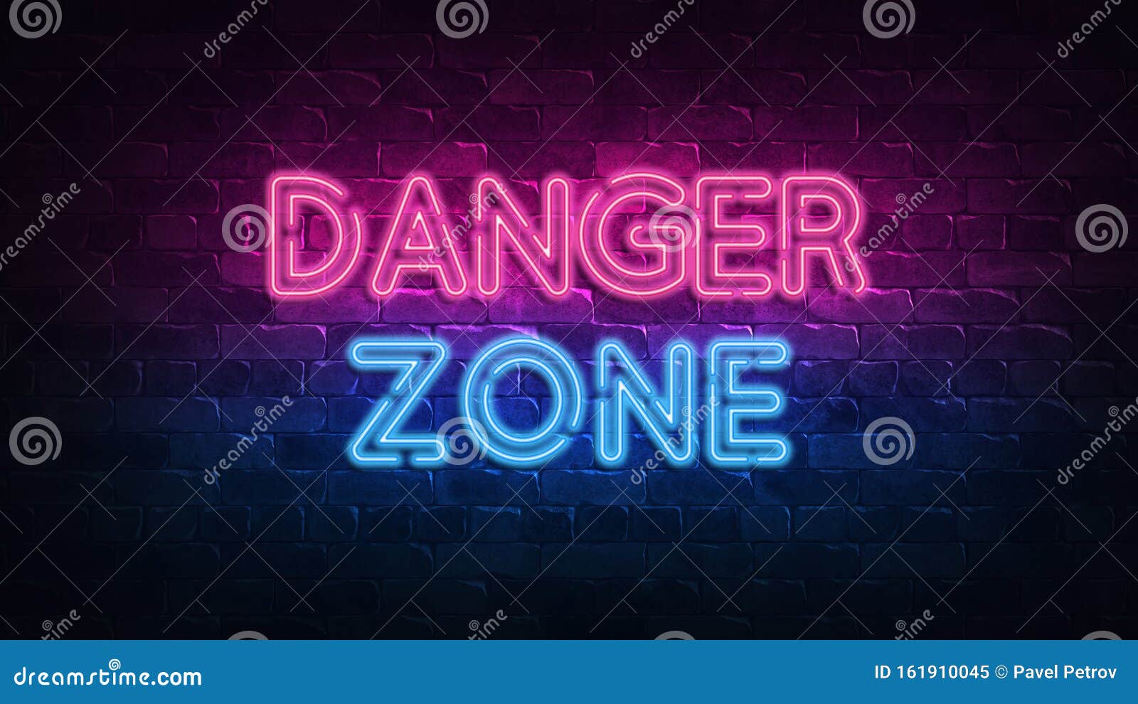 Danger Zone Neon Sign Purple And Blue Glow Neon Text Brick Wall Lit By Neon Lamps Night