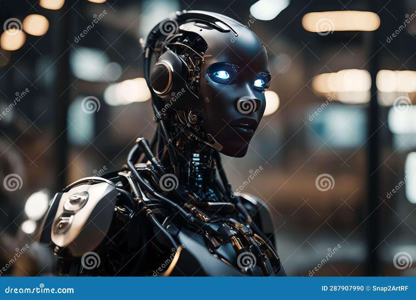 Dangerous AI - Black Female Android Robot with Evil Shiny Blue Eyes ...