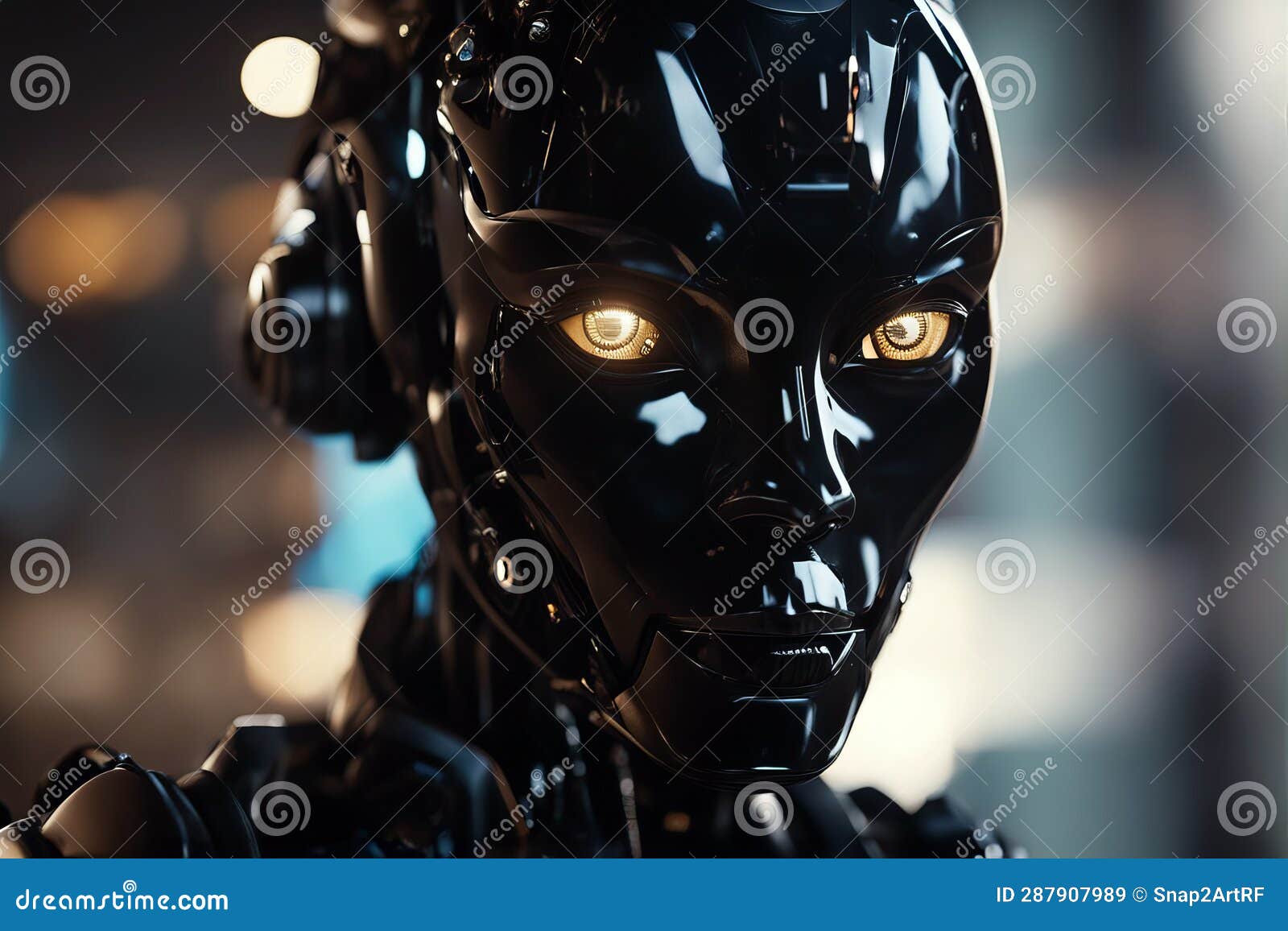 Dangerous AI - Black Female Android Robot with Evil Shiny Yellow Eyes ...