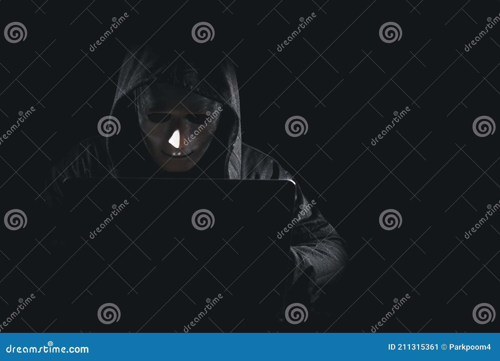 Dangerous Anonymous Hacker Man in Black Hooded, White Mask Use Computer ...