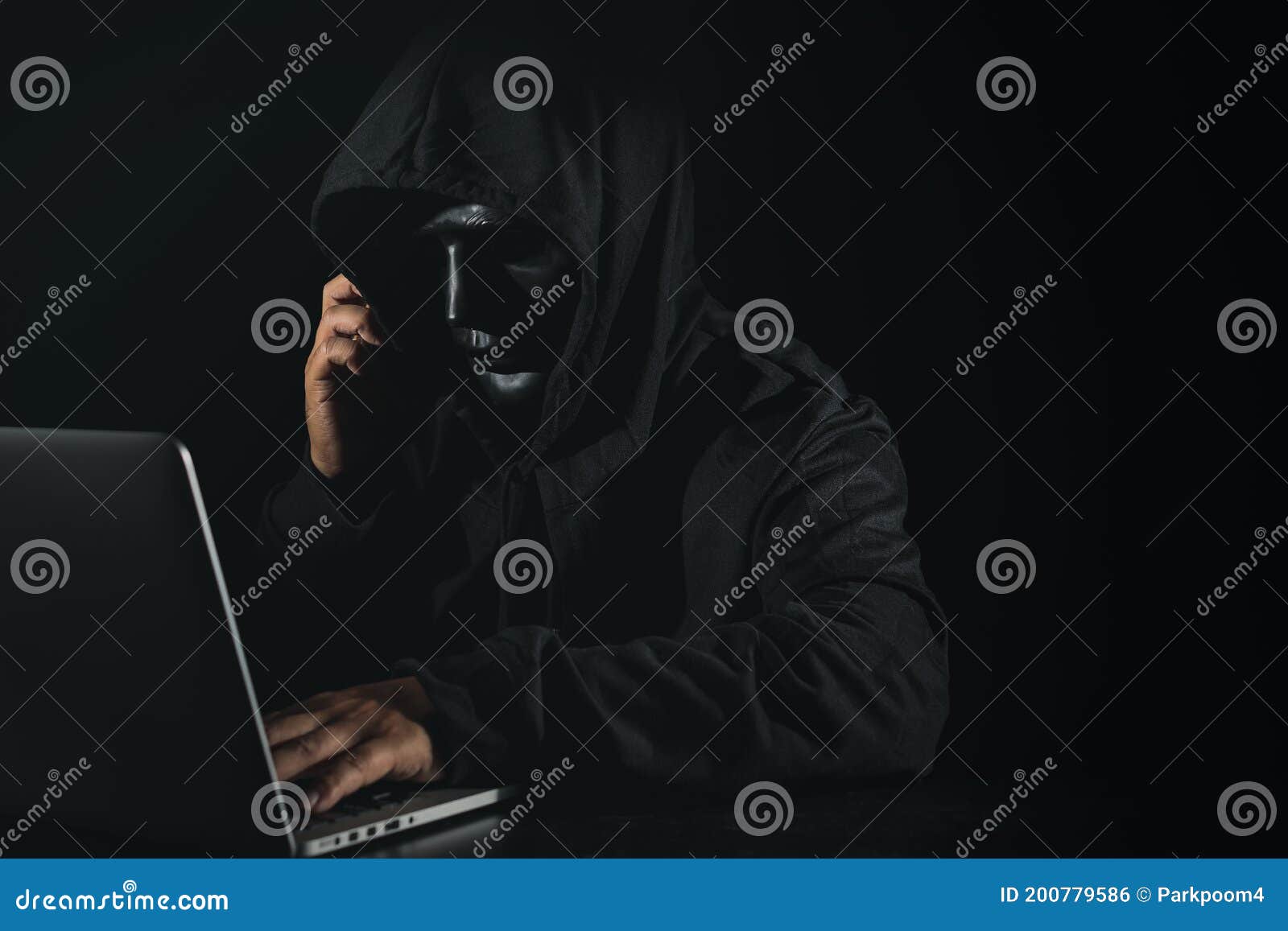 Dangerous Anonymous Hacker Man in Hooded and Mask Using Computer and ...