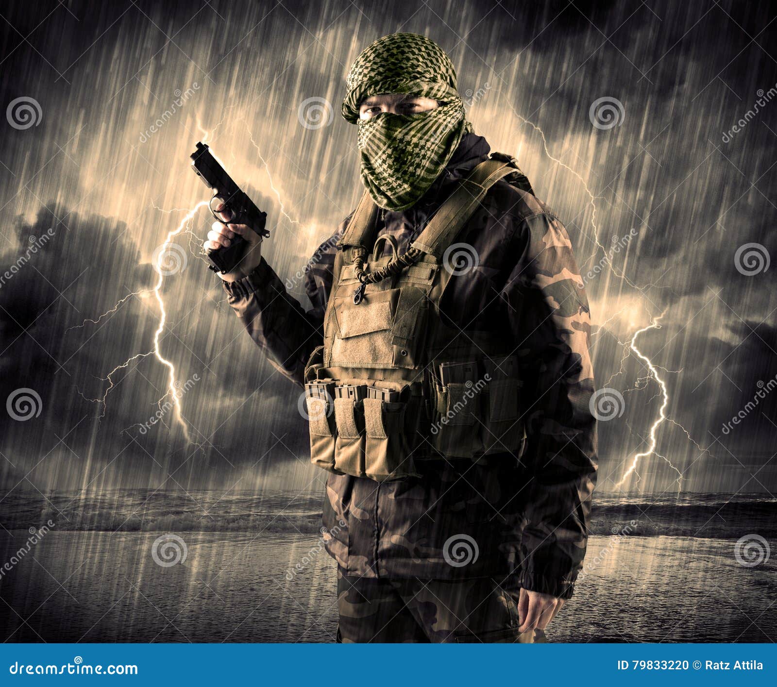 Dangerous Armed Terrorist with Mask and Gun in a Thunderstorm Wi Stock ...