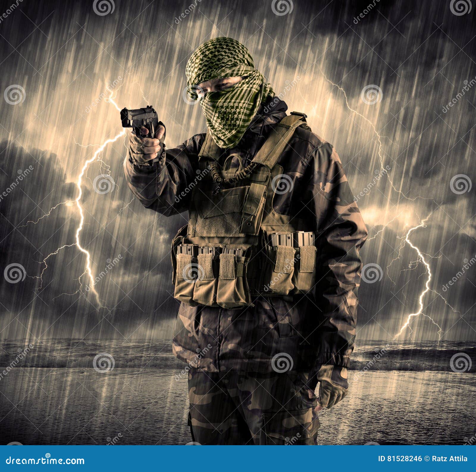 Dangerous Armed Terrorist with Mask and Gun in a Thunderstorm Wi Stock ...