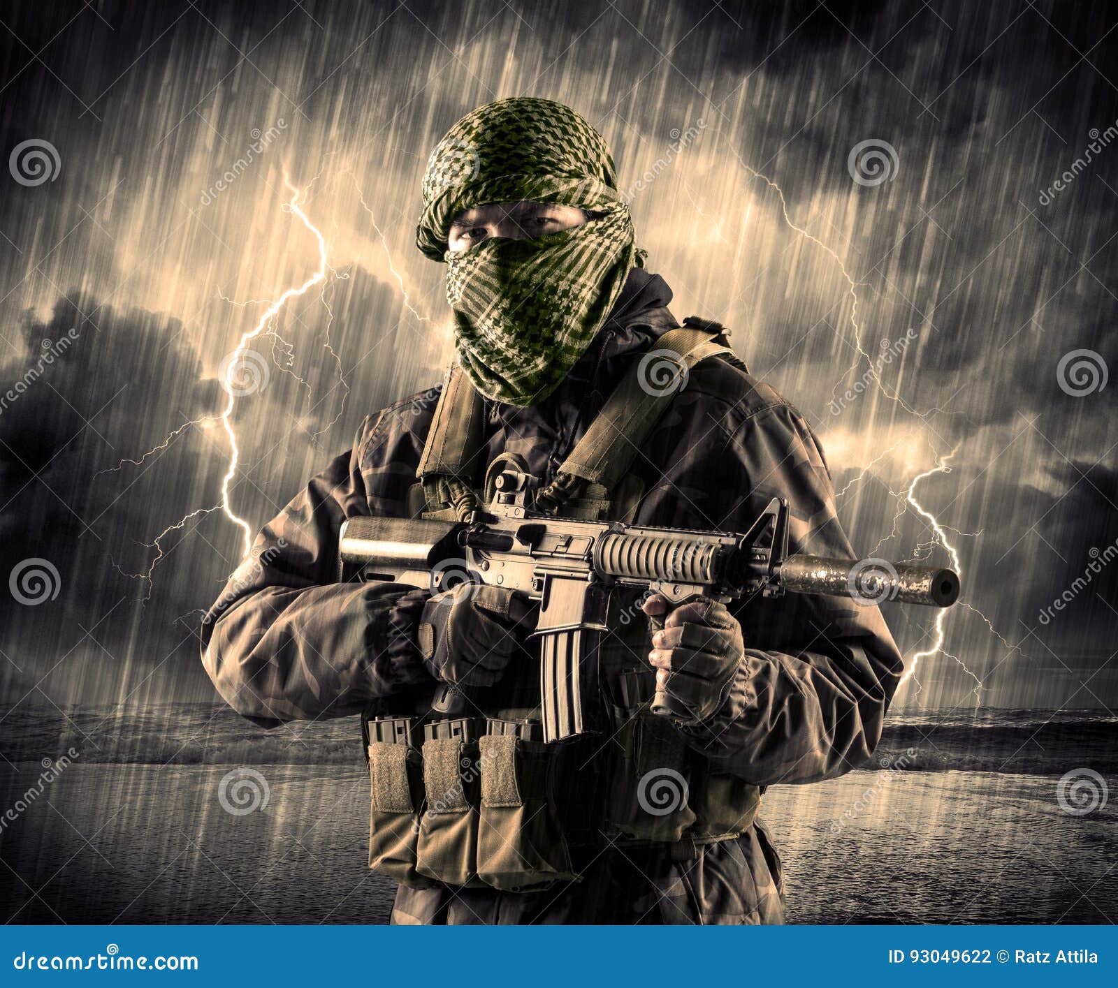 Dangerous Armed Terrorist with Mask and Gun in a Thunderstorm Wi Stock ...