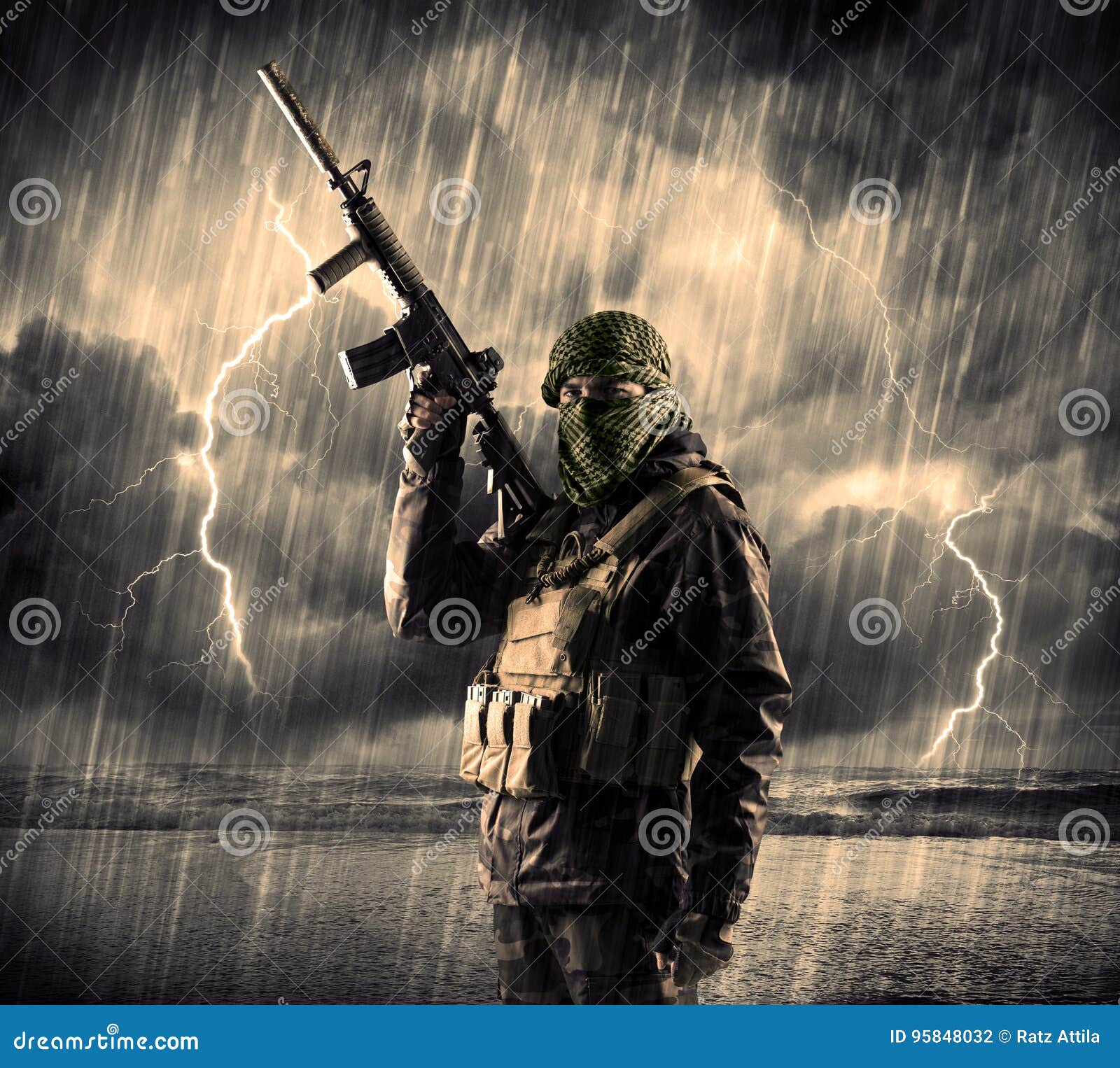Dangerous Armed Terrorist with Mask and Gun in a Thunderstorm Wi Stock ...