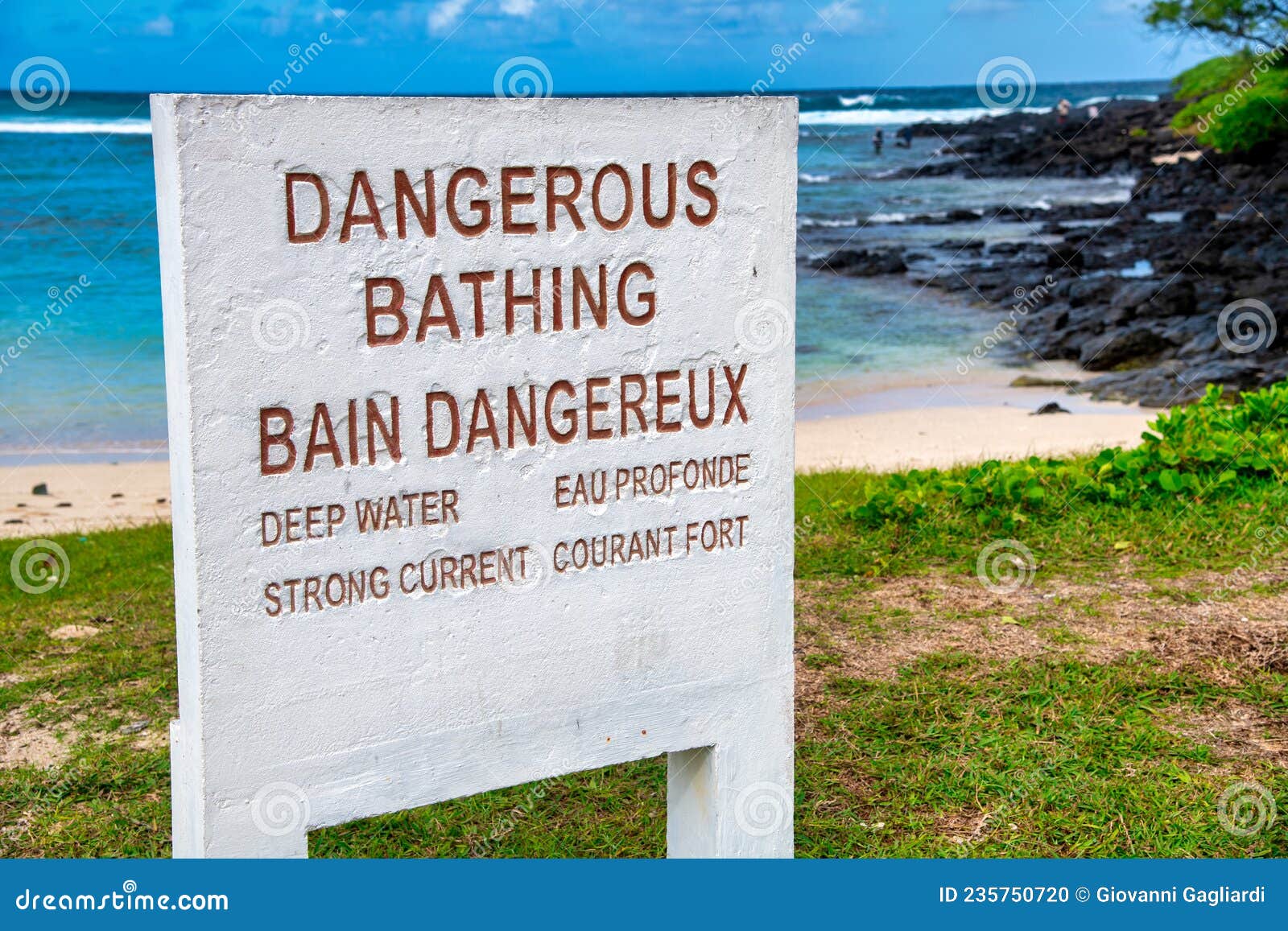 Dangerous Bathing Sign on a Tropical Beach Stock Photo - Image of swim ...