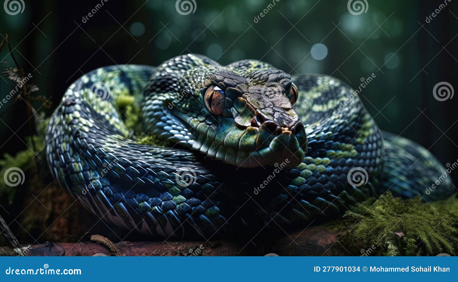 Dangerous Blue and Green Viper Snake on Tree Close Up Macro Image ...