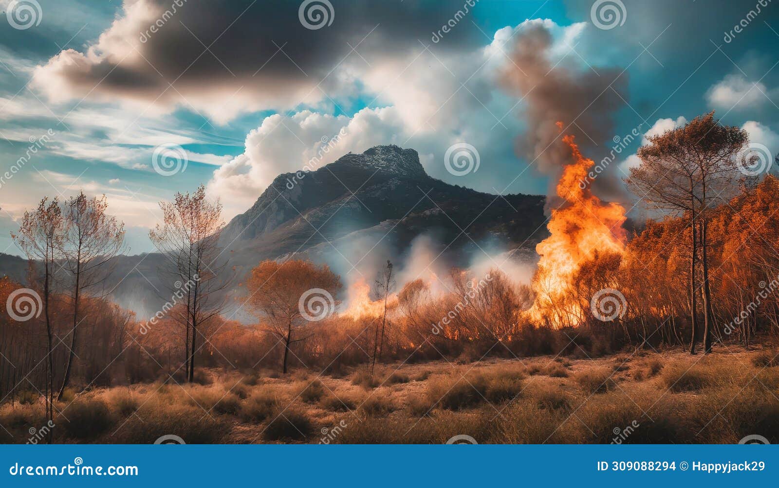 Dangerous Fire in Forest, Burning Trees and Hills, Natural Disaster ...