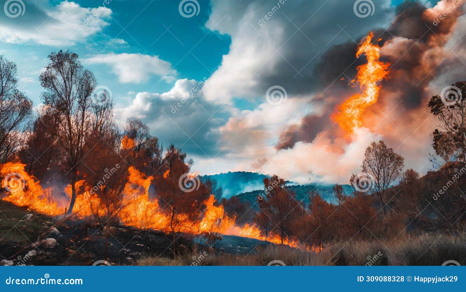 Dangerous Fire in Forest, Burning Trees and Hills, Natural Disaster ...