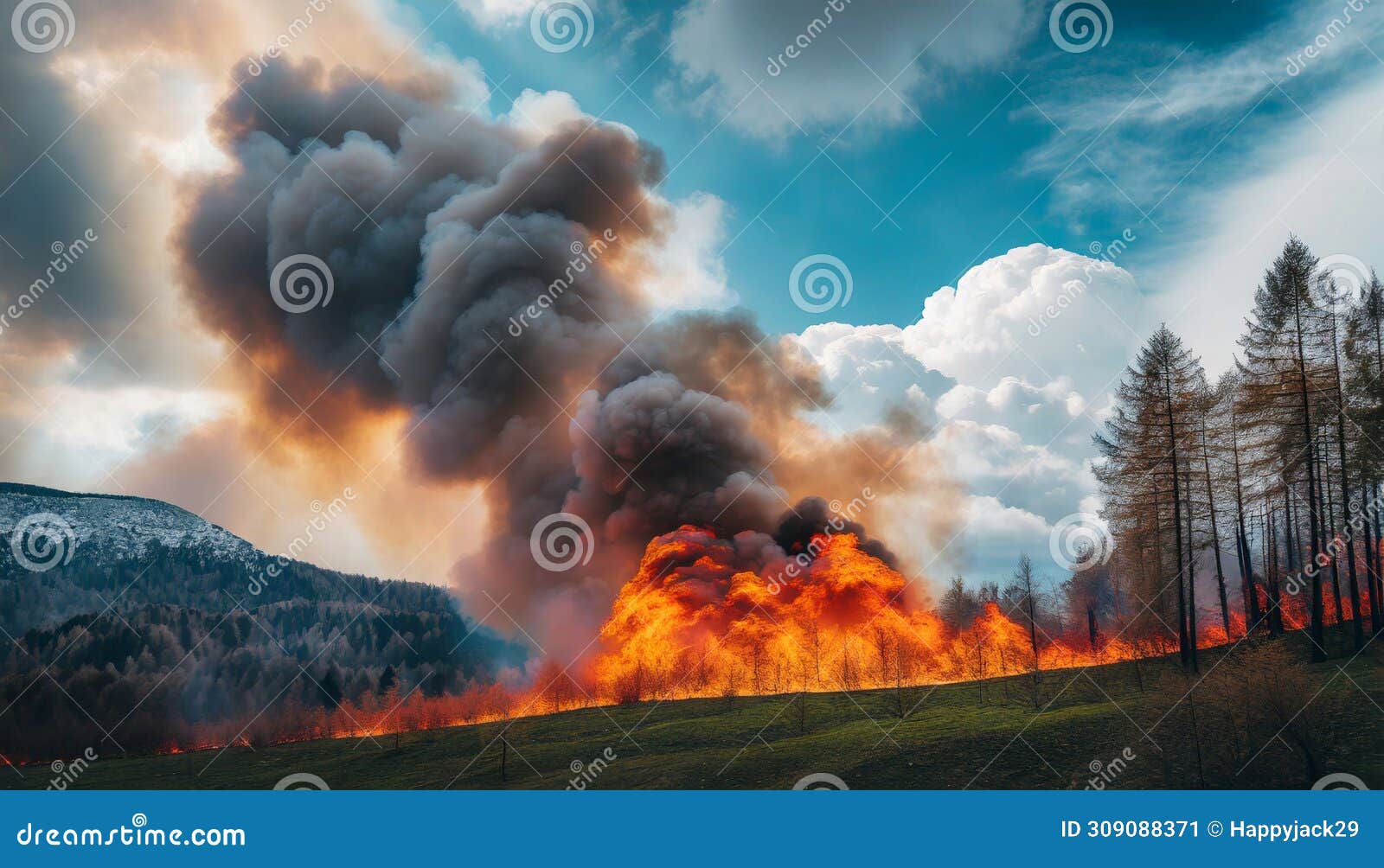 Dangerous Fire in Forest, Burning Trees and Hills, Natural Disaster ...