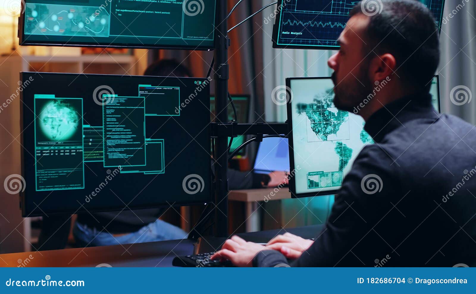 Dangerous Hacker Watching Multiple Monitors Stock Photo - Image of ...