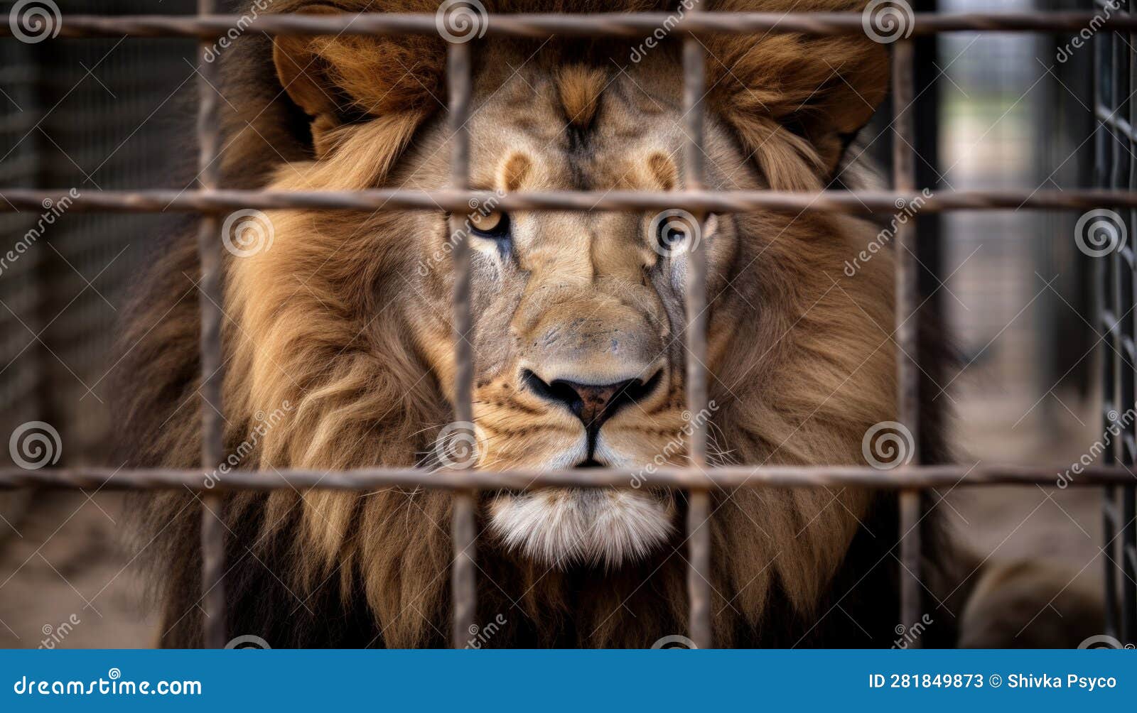 Dangerous Lion in the Cage Close Up Picture Stock Illustration ...