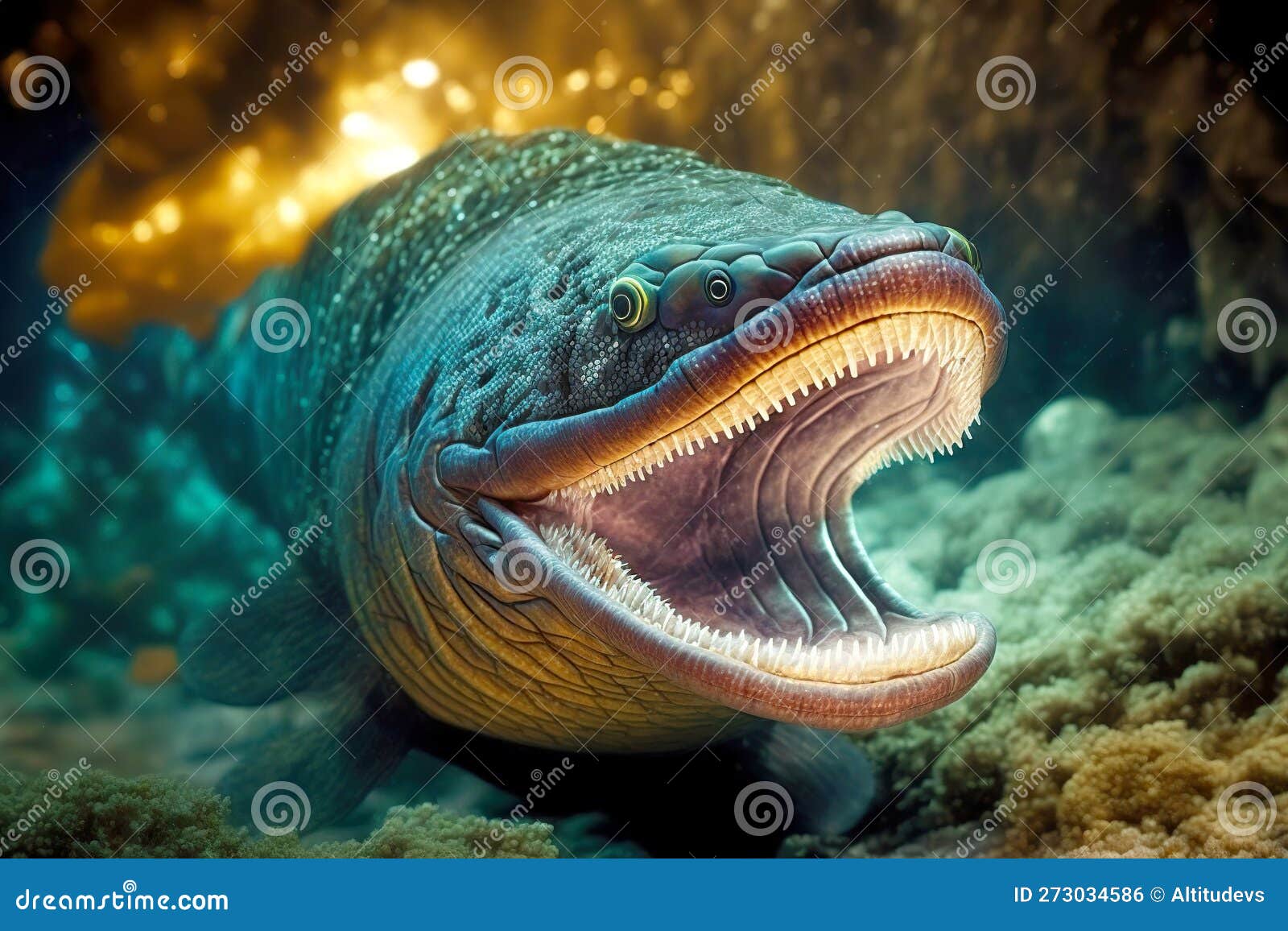 Dangerous and Predatory Moray Eel with Mouth Wide Open with Sharp Teeth ...