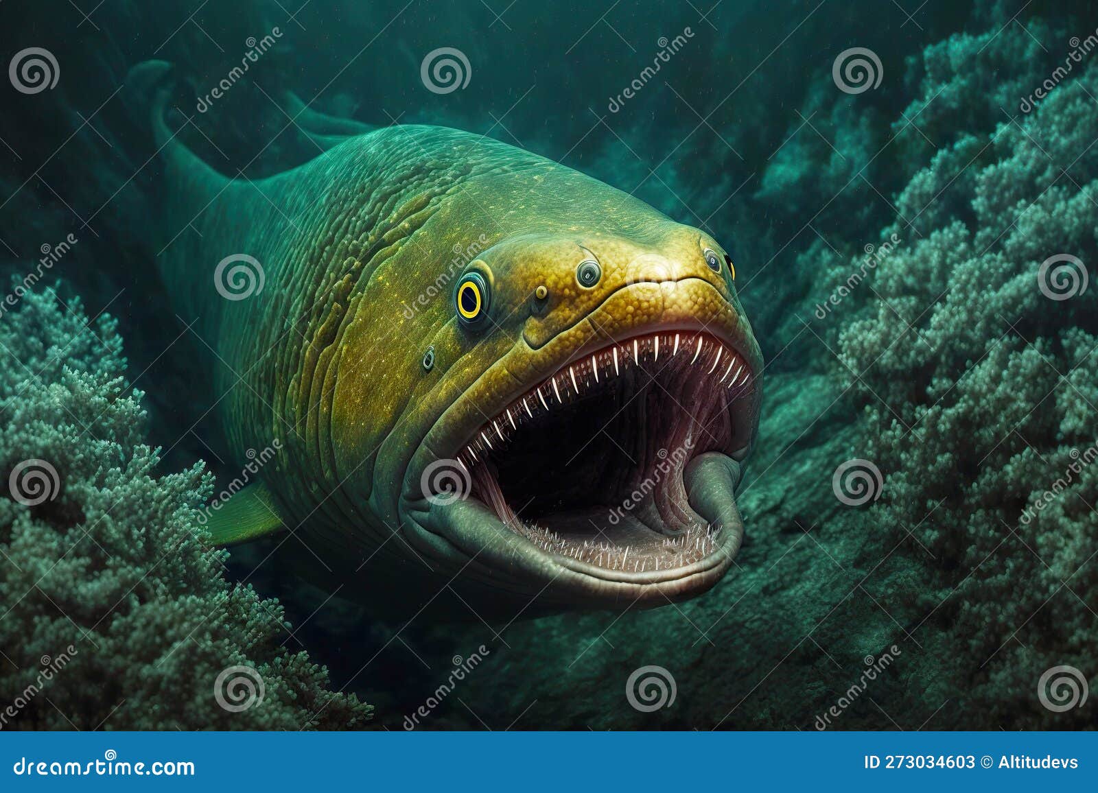 Dangerous and Predatory Moray Eel with Mouth Wide Open with Sharp Teeth ...