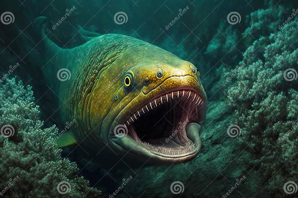 Dangerous and Predatory Moray Eel with Mouth Wide Open with Sharp Teeth ...