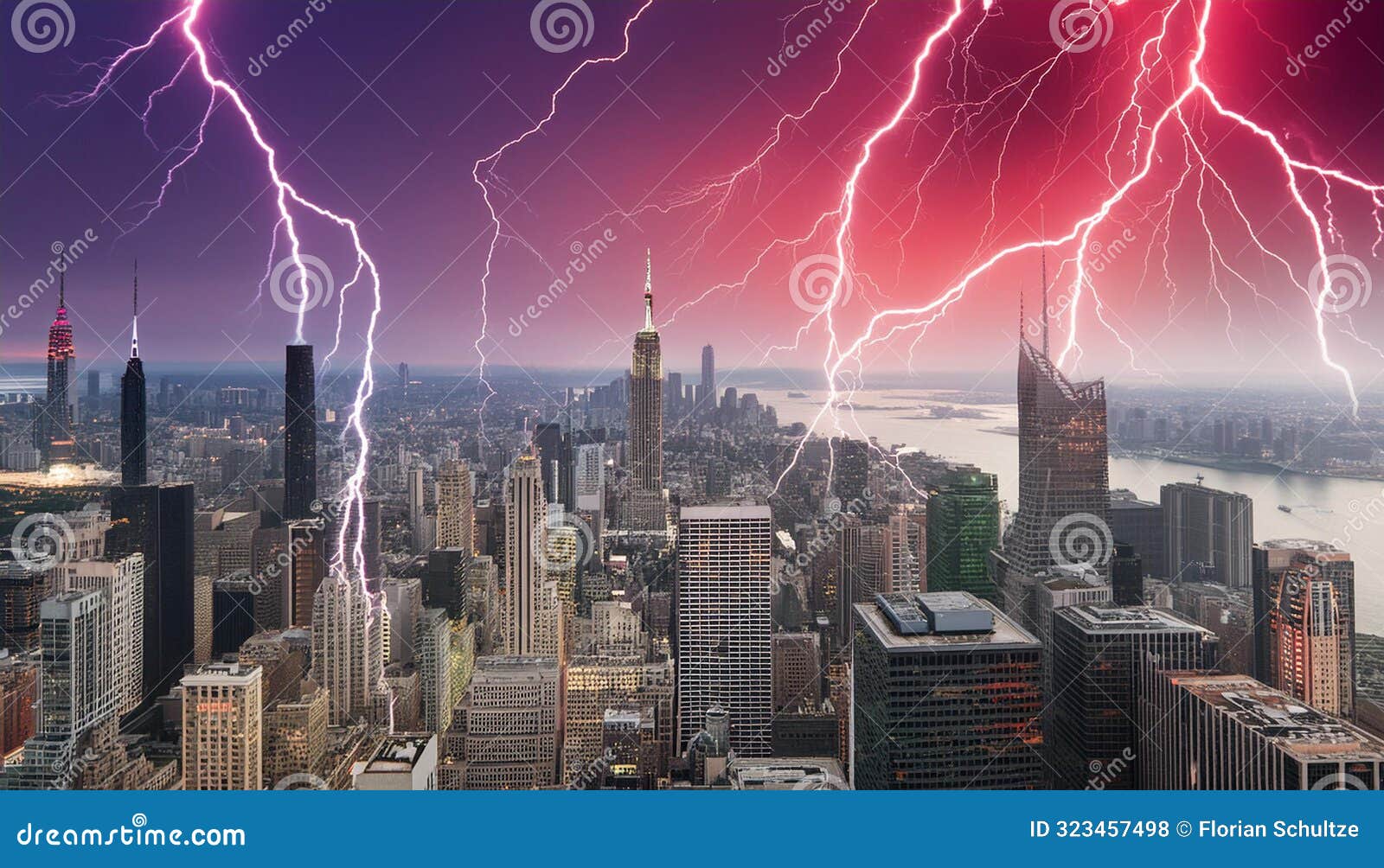 Dangerous Red Lightning Crashes on a Big City Stock Illustration ...
