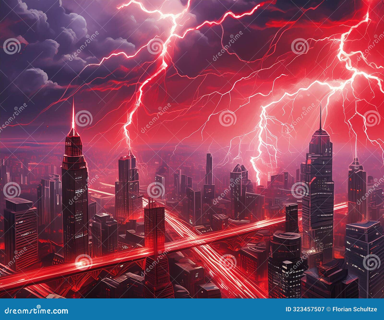 Dangerous Red Lightning Crashes on a Big City Stock Illustration ...