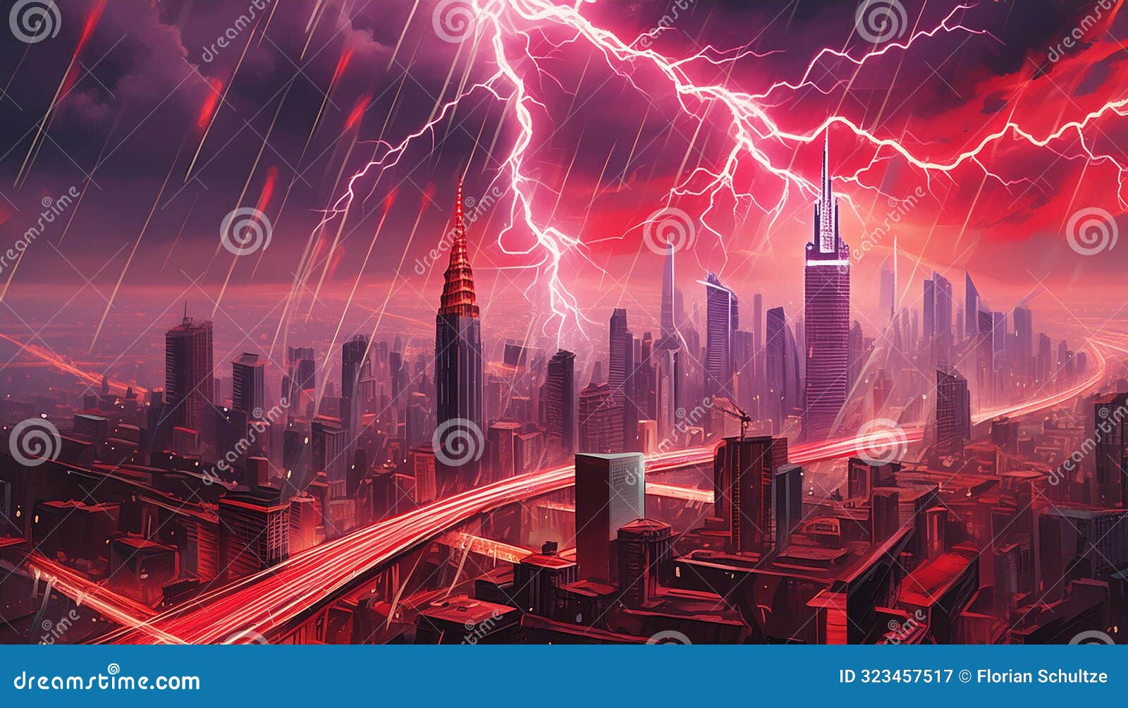 Dangerous Red Lightning Crashes on a Big City Stock Illustration ...