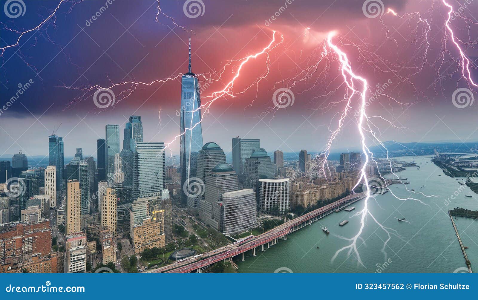 Dangerous Red Lightning Crashes on a Big City Stock Illustration ...