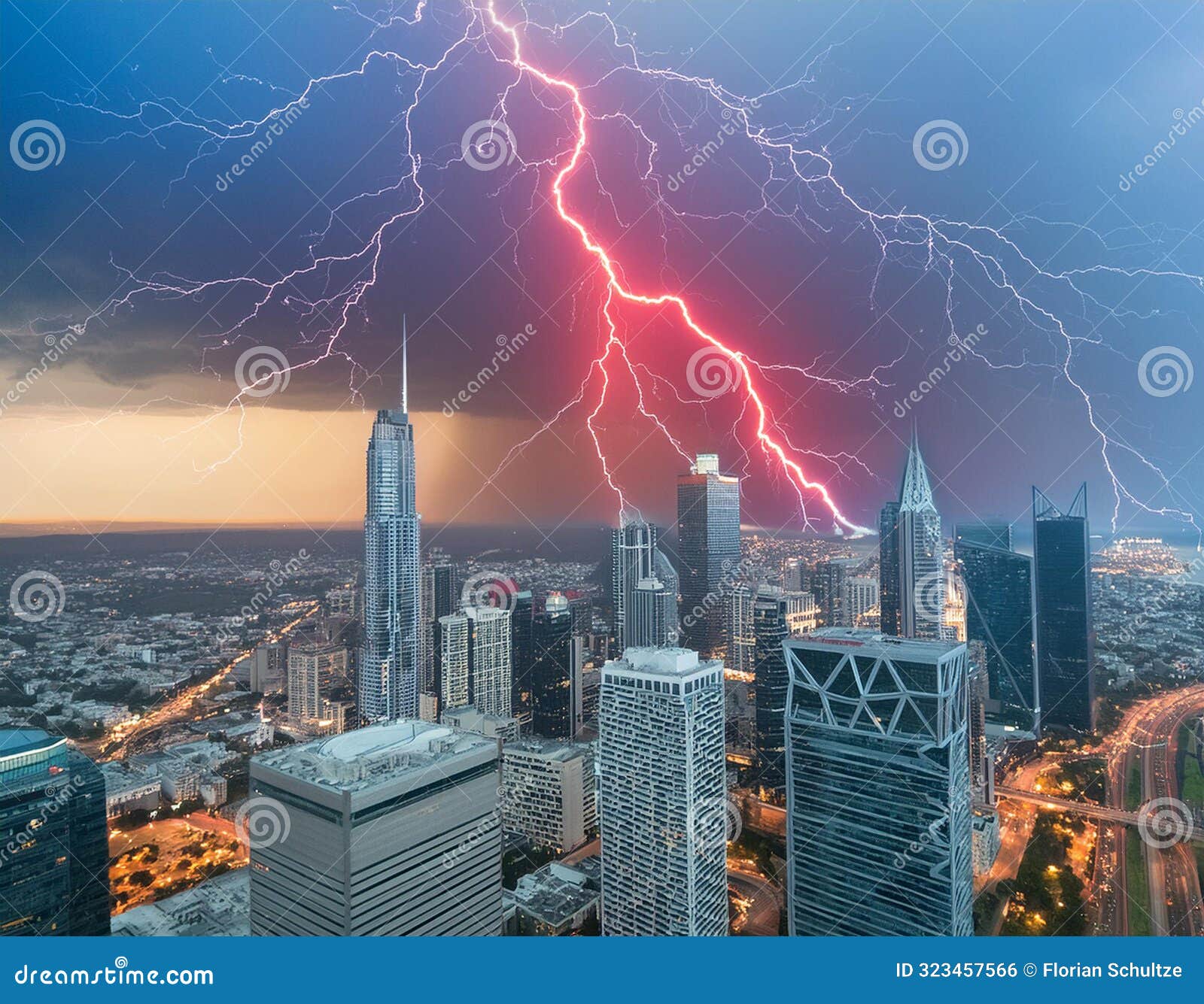 Dangerous Red Lightning Crashes on a Big City Stock Illustration ...