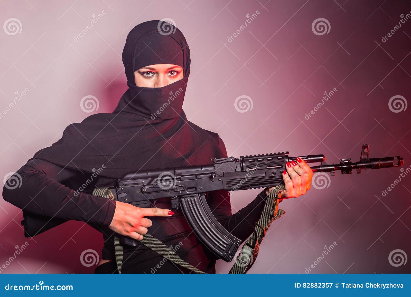 Dangerous Woman in Black with Assault Rifle Stock Image - Image of ...
