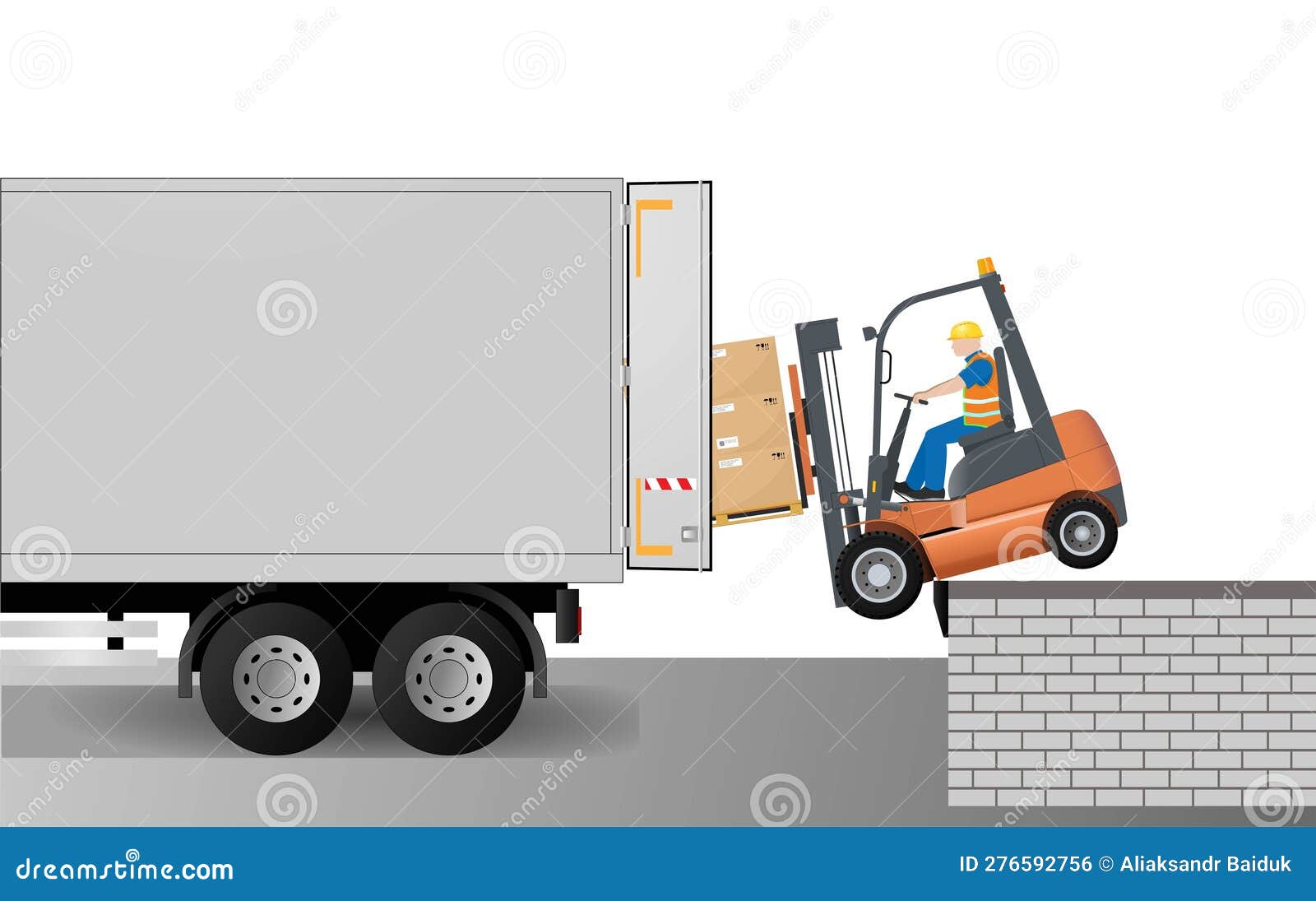 Dangers of Working with a Forklift. Fall Off the Loading Ramp Stock ...