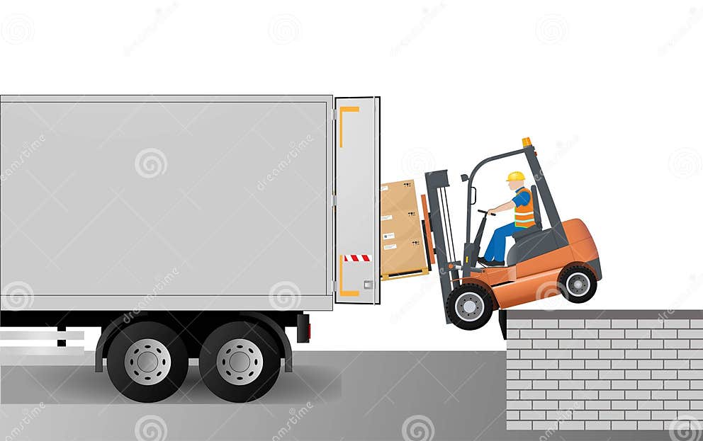 Dangers of Working with a Forklift. Fall Off the Loading Ramp Stock ...