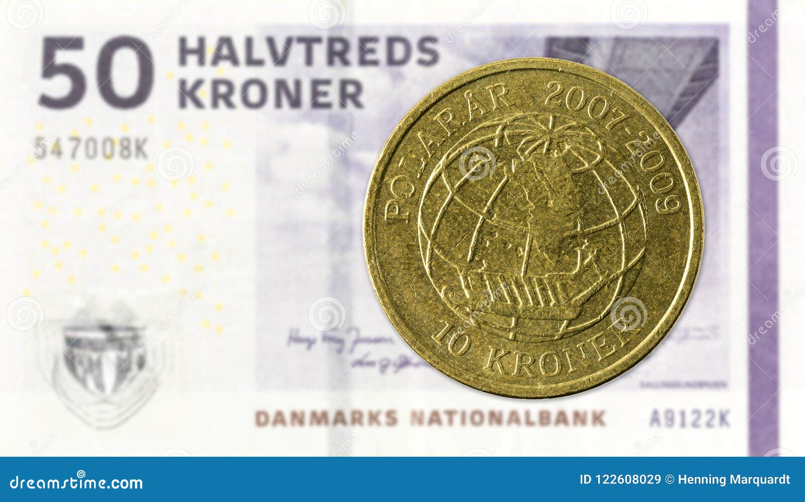 10 Danish Krone Coin Against 50 Danish Krone Note Stock Image - Image ...