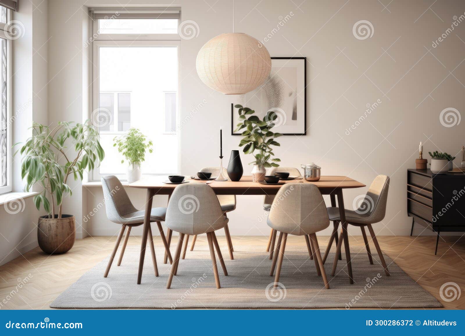 Danish Modern Dining Table Setup with Minimalist Decor Stock Photo ...