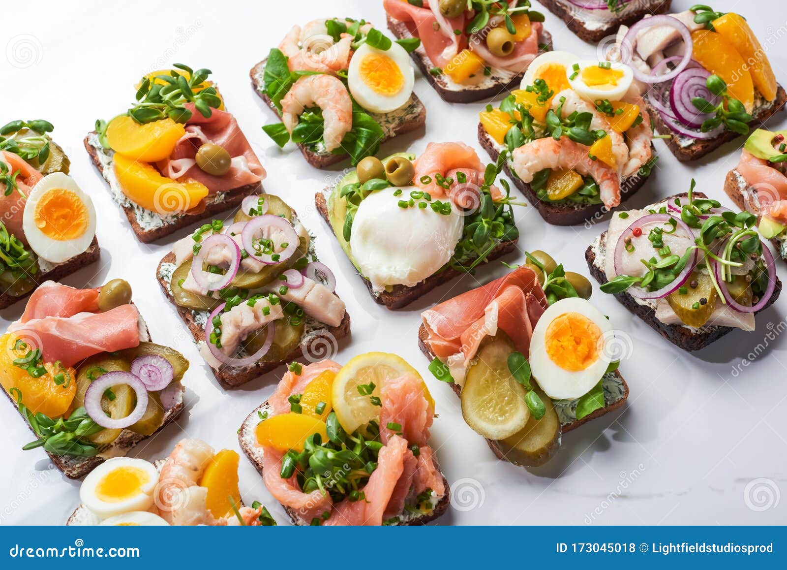 Danish Smorrebrod Sandwiches on White Marble Surface. Stock Photo ...