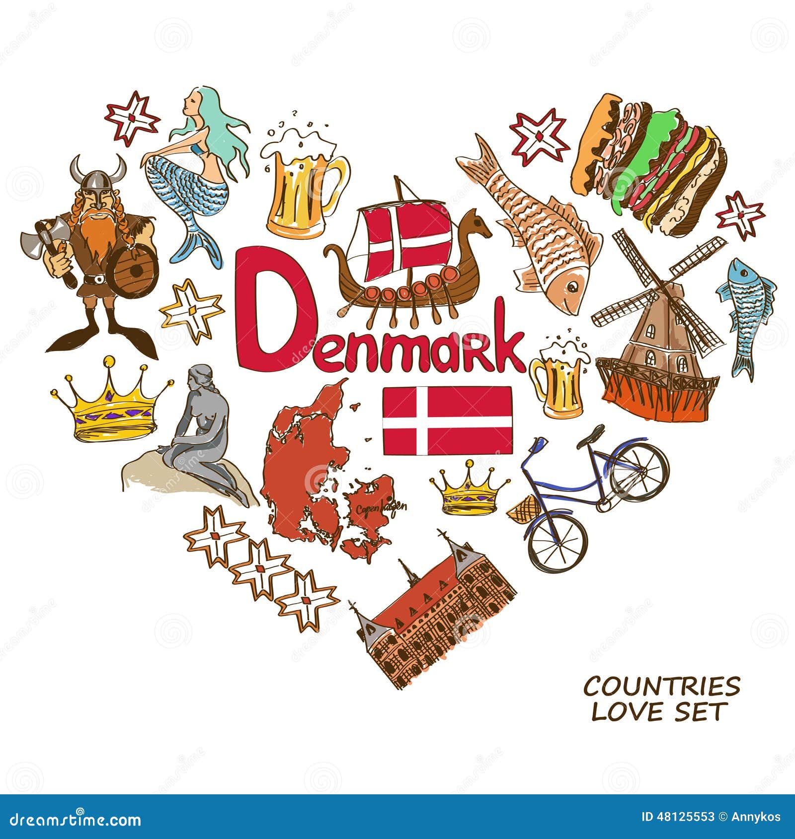 Danska Symboler I Hjärtaformbegrepp Vektor Illustrationer ...