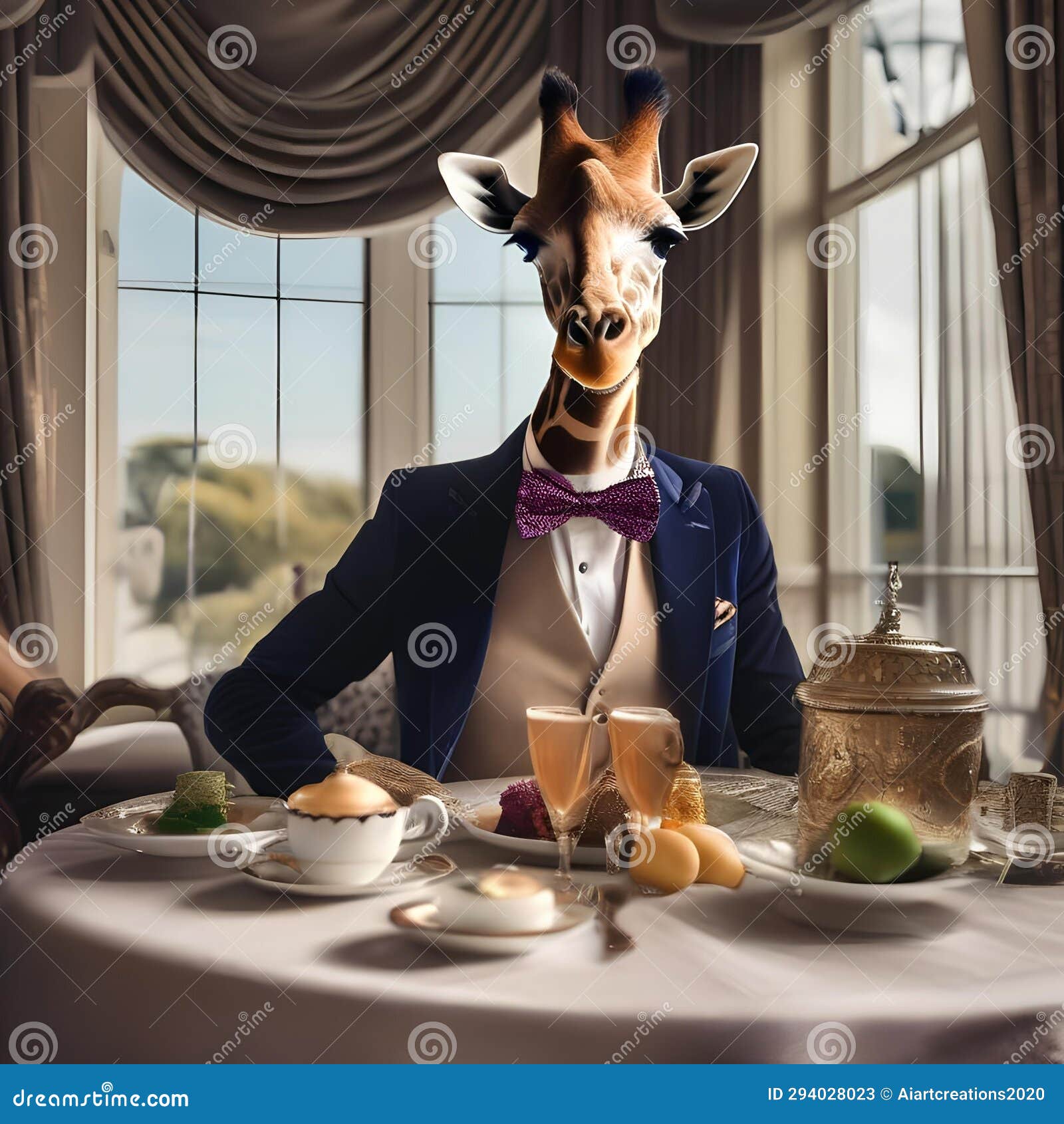 A Dapper Giraffe in a Bowtie and Top Hat, Enjoying High Tea at an ...