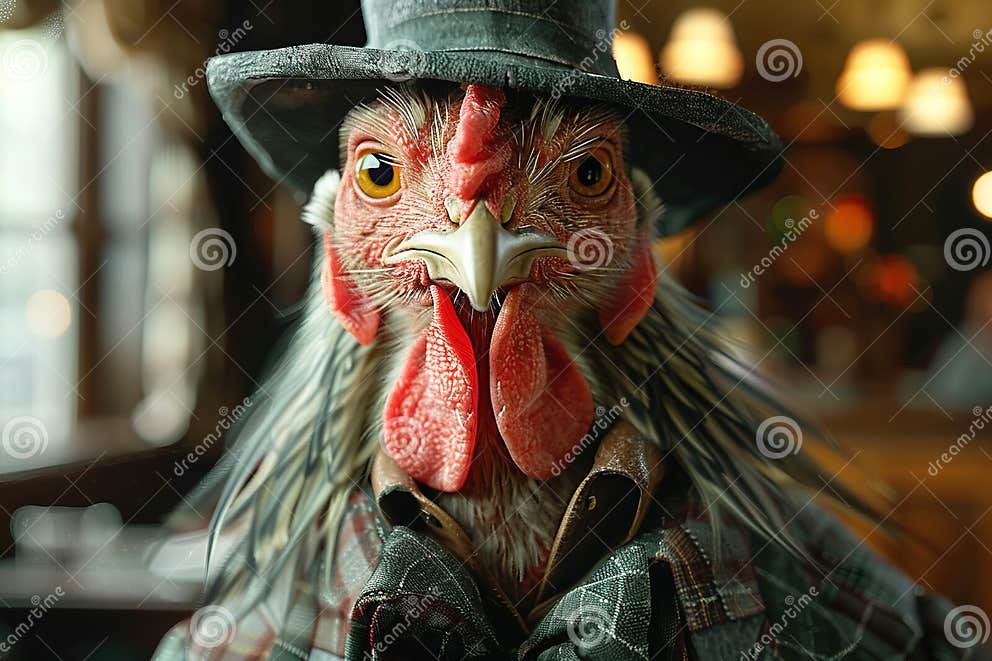 A Dapper Rooster in a Stylish Hat and Suit Posing Elegantly at a Rustic ...