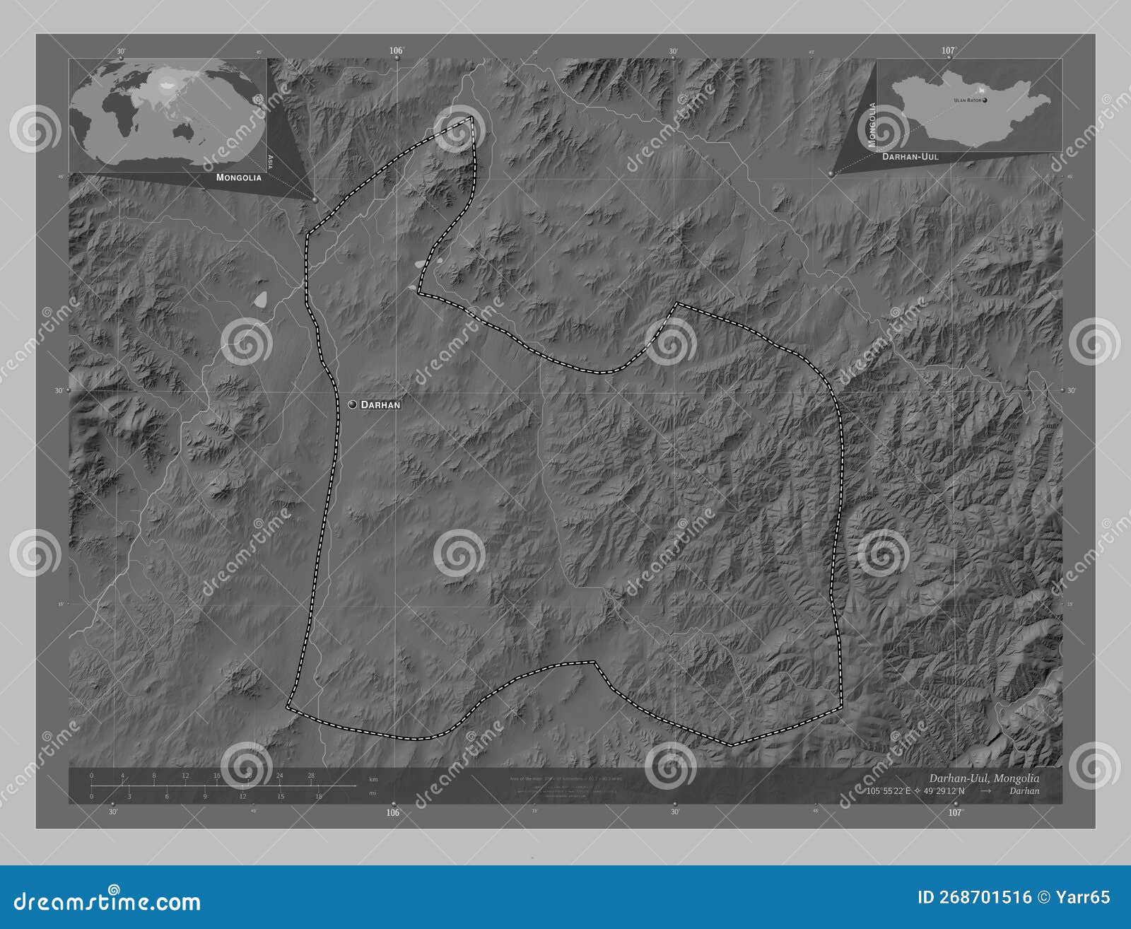 Darhan-Uul, Mongolia. Grayscale. Labelled Points of Cities Stock ...
