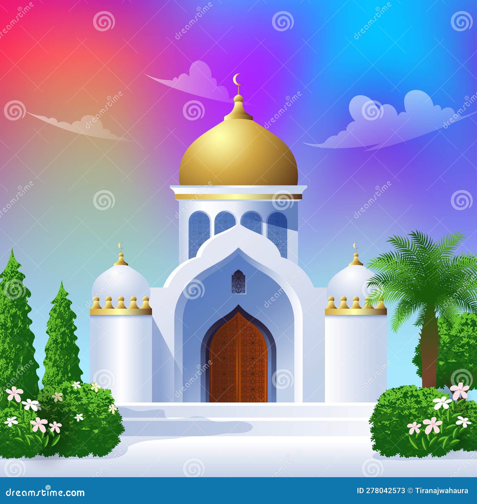 Cute Cartoon Mosque, Ramadan Kareem Illustration with Colorful Sky ...